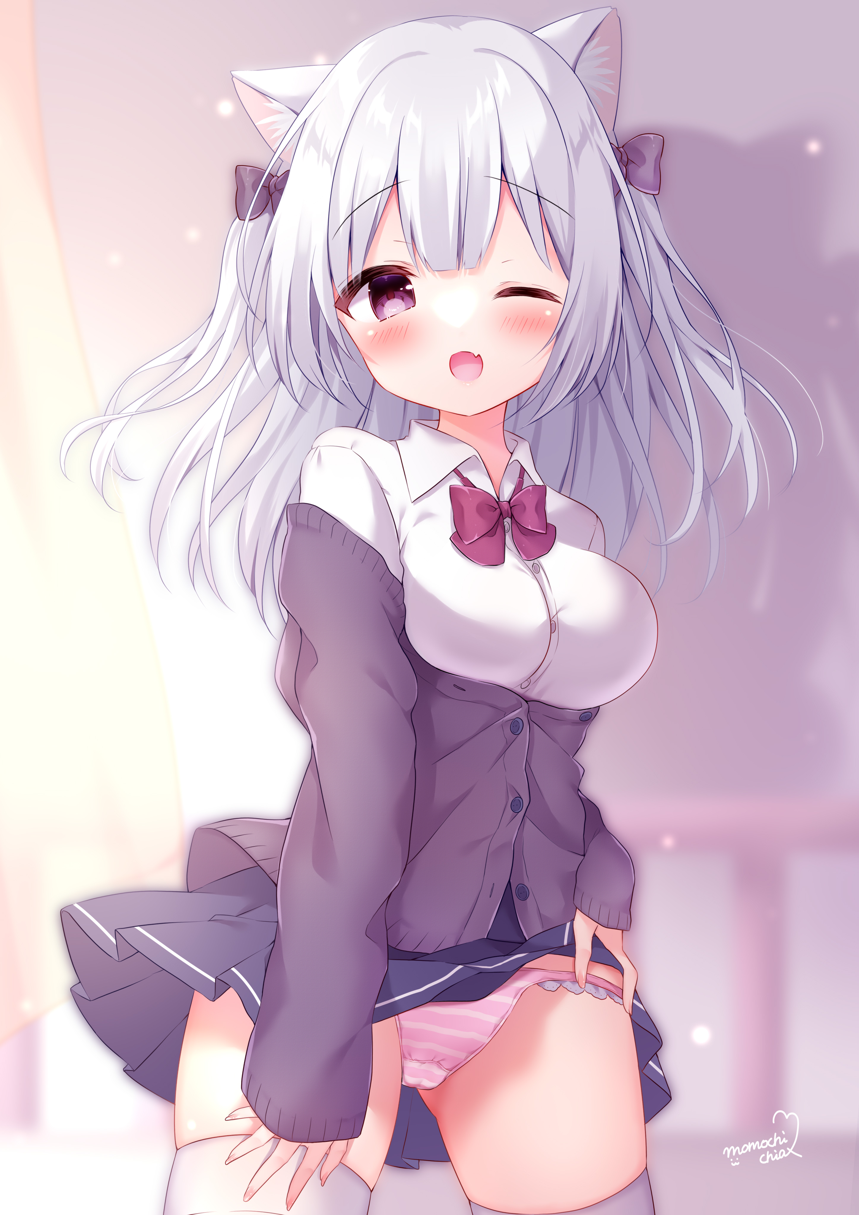 momochi chia animal ears cameltoe nekomimi pantsu seifuku shimapan skirt lift sweater thighhighs ...